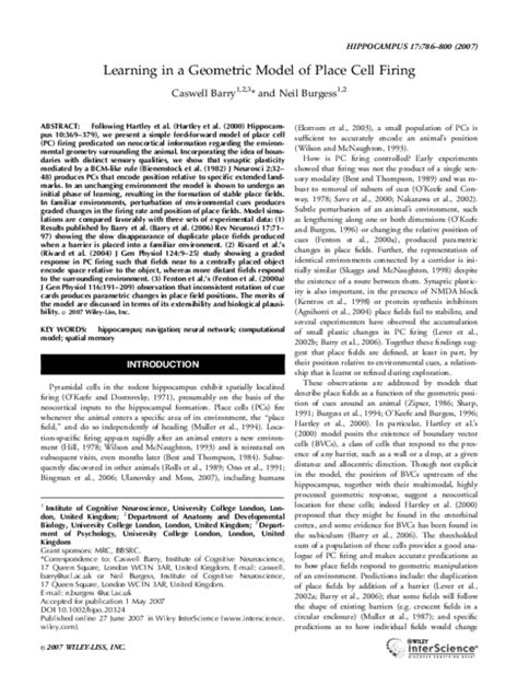 Pdf Learning In A Geometric Model Of Place Cell Firing