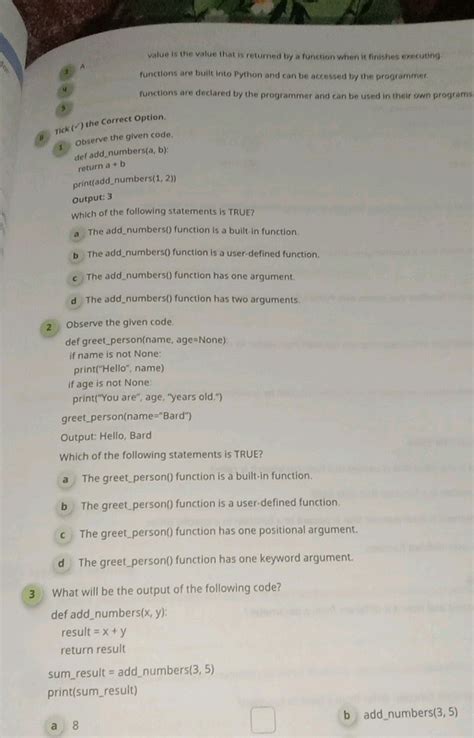 3 tick the correct option observe the given code def addnumbers a b