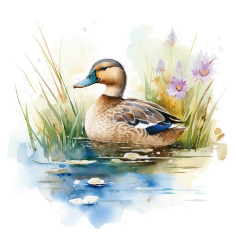 Delightful Watercolor Duck Splashing In A Pond Ai Generated Stock
