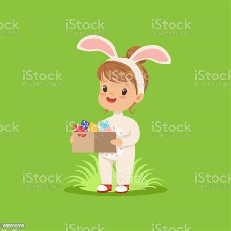 토끼 귀와 토끼 의상 지주 상자 페인트 달걀의 부활절 달걀 사냥 벡터 일러스트 레이 션에 재미 아이 아름 다운 어린 소녀