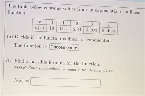 solved the table below contains values from an exponential