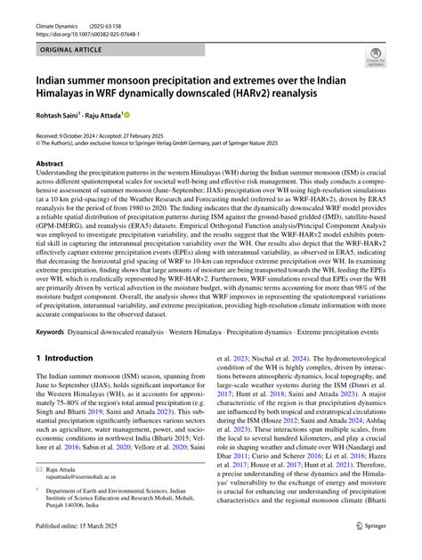 Pdf Indian Summer Monsoon Precipitation And Extremes Over The Indian