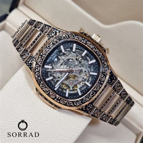 ساعت پتک فیلیپ اسکلتون مردانه اتومات بند استیل رنگ طلایی مشکی صفحه