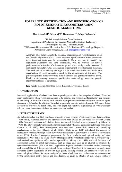 Pdf Tolerance Specification And Identification Of Robot Kinematic Parameters Using Genetic