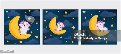 귀여운 작은 유니콘 잡기 별 세트 카드 템플릿 어린이 방 장식 보육 예술 생일 파티 베이비 샤워를위한 만화 캐릭터 밝은 컬러 스톡 벡터 일러스트레이션 0명에 대한 스톡 벡터