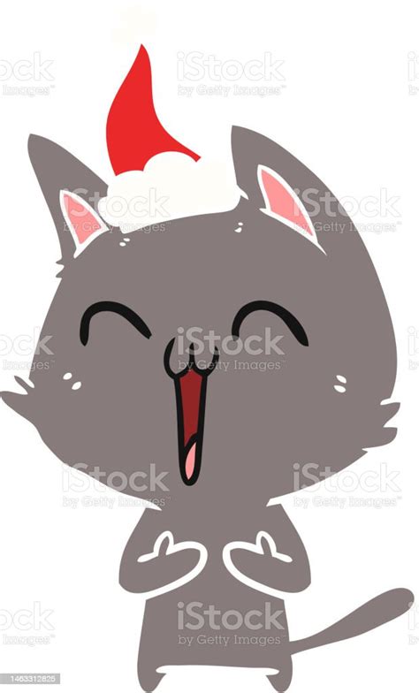 산타 모자를 쓴 고양이의 행복한 손으로 그린 평면 색상 그림 고양이 울음소리에 대한 스톡 벡터 아트 및 기타 이미지 고양이 울음소리 귀여운 낙서 드로잉 Istock