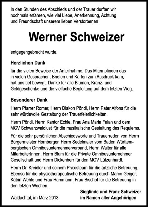 Traueranzeigen von Werner Schweizer Schwarzwälder Bote Trauer