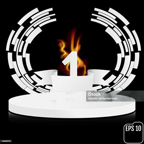 우승자 흰색 리본과 불로 1 위 배경 검은 색으로 고립 된 둥근 받침대에 테크노 양식올리브 가지를 스타일화 포스터 또는 브로셔 템플릿 벡터 그림입니다 0명에 대한 스톡 벡터