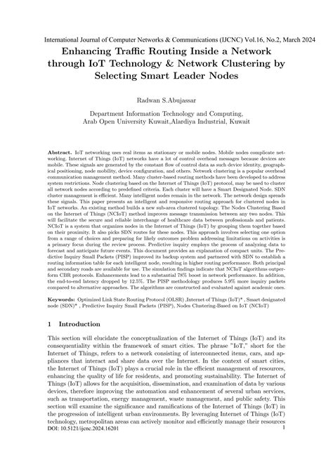 Enhancing Traffic Routing Inside A Network Through Iot Technology And Network Clustering By