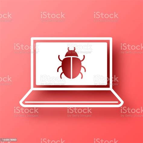 버그가있는 노트북 그림자가 있는 빨간색 배경의 아이콘 3차원 형태에 대한 스톡 벡터 아트 및 기타 이미지 3차원 형태 개념