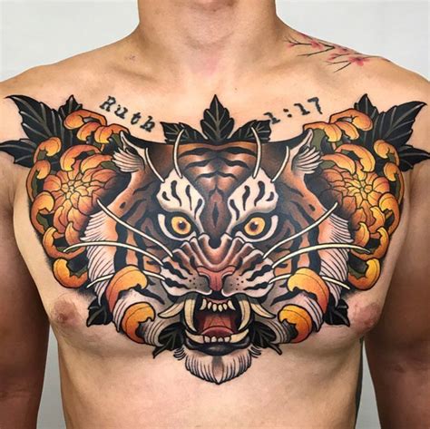 Traditional Tiger Chest Tattoo