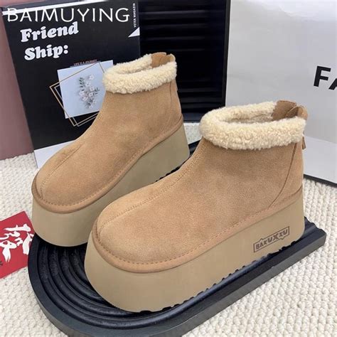 Замшеві жіночі снігові ботильйони на платформі Дизайнерські хутряні короткі плюшеві туфлі на