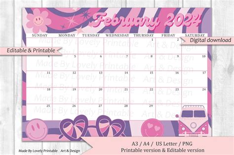 Bearbeitbarer Februar 2024 Kalender Retro Ästhetik 70er Jahre