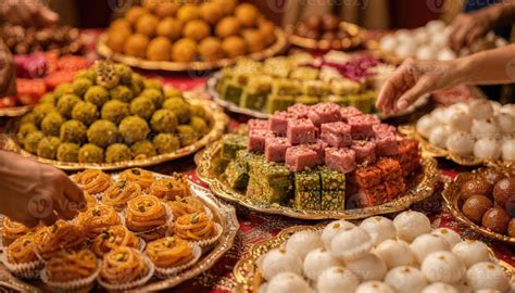 Traditional Indian Sweets Assortment On Festival Table 77267251 Stock