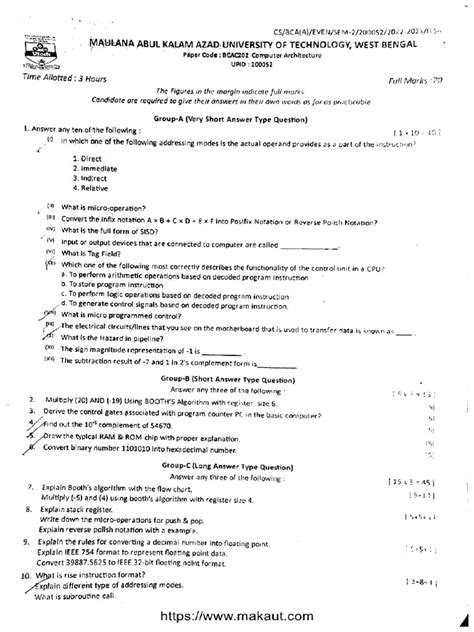 Bca 2 Sem Computer Architecture Bcac202 2023pdf Makaut Question Paper