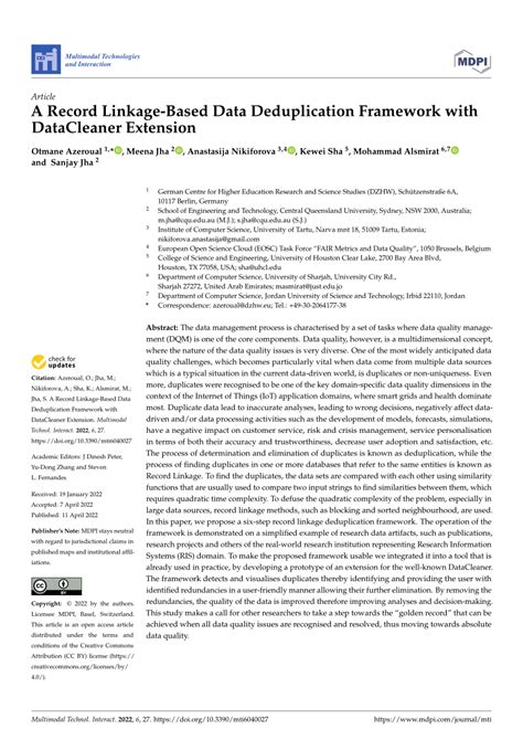 Pdf A Record Linkage Based Data Deduplication Framework With