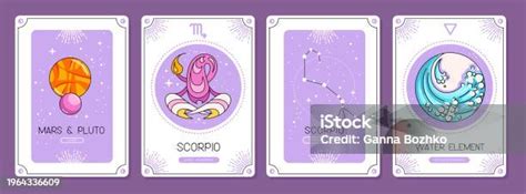 점성술 전갈 자리 조디악 사인 특성과 만화 마법 마법 카드 세트 벡터 일러스트 레이 션 갈고리 발톱에 대한 스톡 벡터 아트 및 기타 이미지 갈고리 발톱 고풍스런