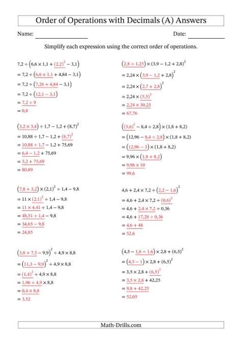 Order Of Operations With Positive Decimals Five Steps Comma Decimal Format A