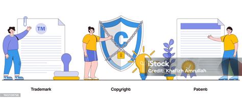 상표 저작권 및 캐릭터가 있는 특허 개념 지적 재산권 추상 벡터 일러스트레이션 세트입니다 혁신 창의성 보호 은유 특허에 대한