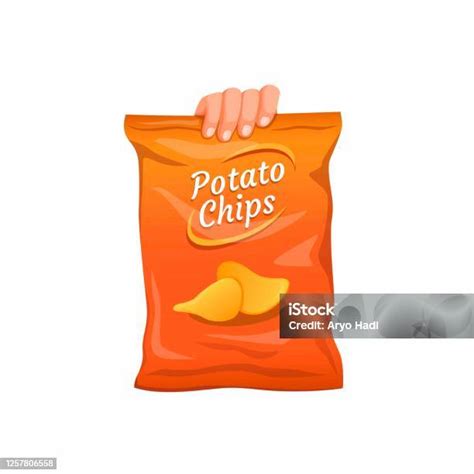 감자 칩 스낵 흰색 배경에 고립 된 만화 일러스트 벡터에서 손 잡아 큰 팩 크기 감자 스낵 기호 개념 감자 칩에 대한 스톡 벡터 아트 및 기타 이미지 Istock