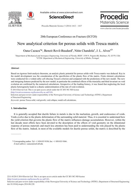 Pdf New Analytical Criterion For Porous Solids With Tresca Matrix