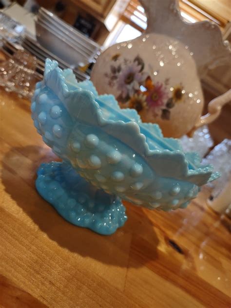 Vintage Fenton Hobnail Blue Milk Glass Slag Footed Pe Gem