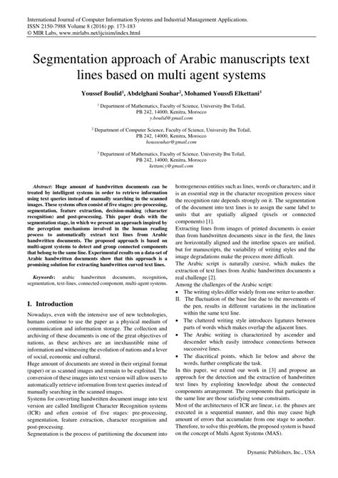 Pdf Segmentation Approach Of Arabic Manuscripts Text Lines Based On Multi Agent Systems