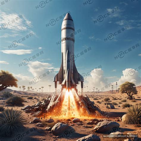 Ai创作图火箭带火焰和烟雾的 刚离开地面的状态 火箭主体为银色 背景为沙漠的那种天空蓝地面为荒漠有一些小灌木 地上有两只蚂蚁 昵图网
