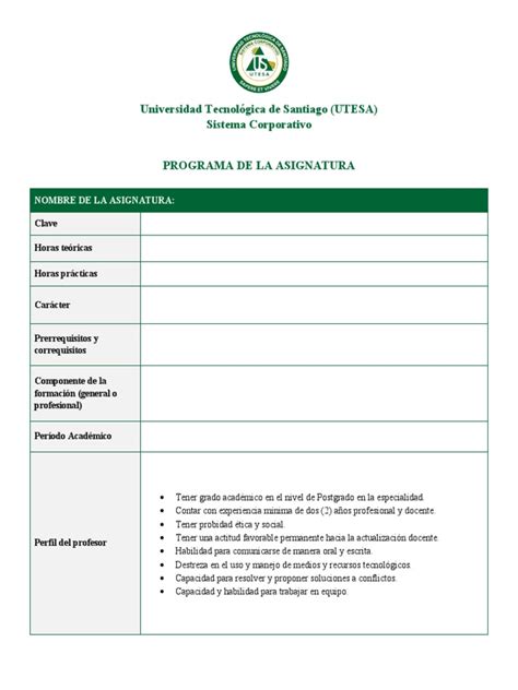 Plantilla Programa De Asignatura Pdf