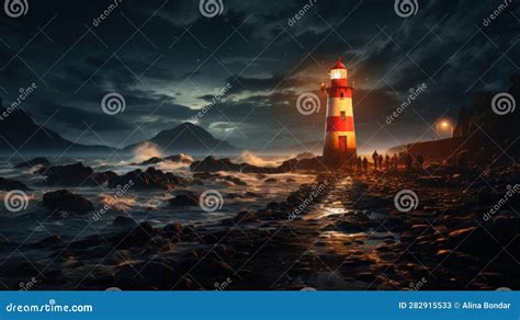 Beaming Lighthouse Guiding The Night Created With Generative Ai Stock Illustration