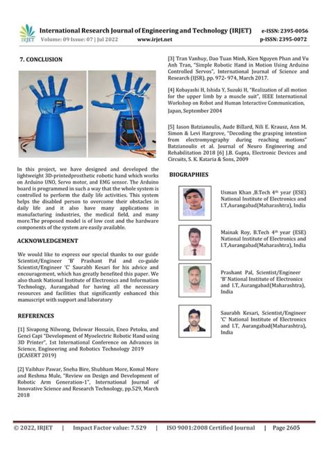 Prosthetic Hand Control Using Emg Sensor Pdf Computer Peripherals Computing