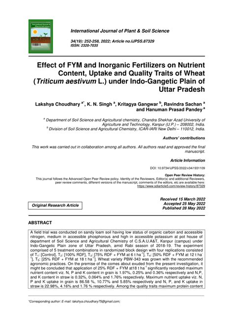(PDF) Effect of FYM and Inorganic Fertilizers on Nutrient Content, Uptake and Quality Traits of ...