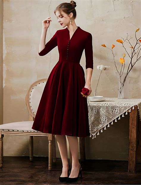A Line Minimalist Vintage Party Wear Cocktail Party Dress V Neck Half