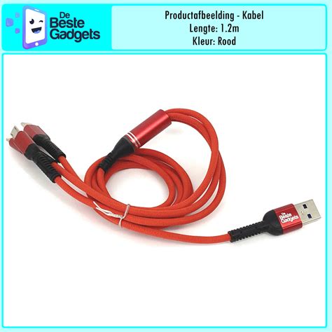 De Beste Gadgets USB Oplaadkabel 3 In 1 Met Lightning USB C Micro USB Kleur Rood De Beste