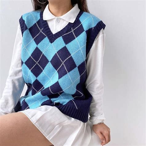 Navy Blue Argyle Vest Free Size Blue Mary Jane Schuhe