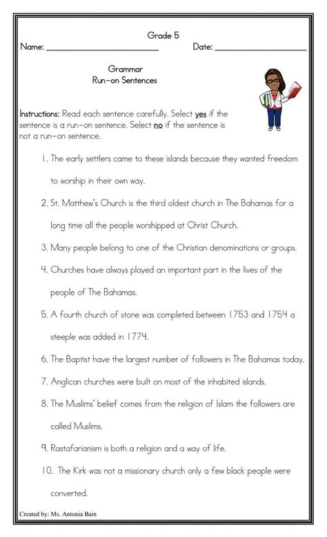 Run On Sentence Worksheet 4th Grade Questions Examples Worksheet