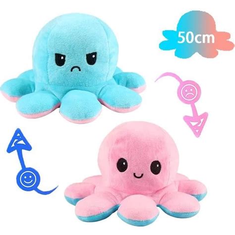 Peluche Pieuvre Reversible Geante 50cm Rose Et Bleu Double Face Humeur