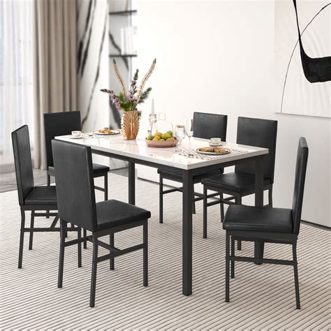 Modern Dining Table Set For 6 Faux Marble Table And Pu Leather