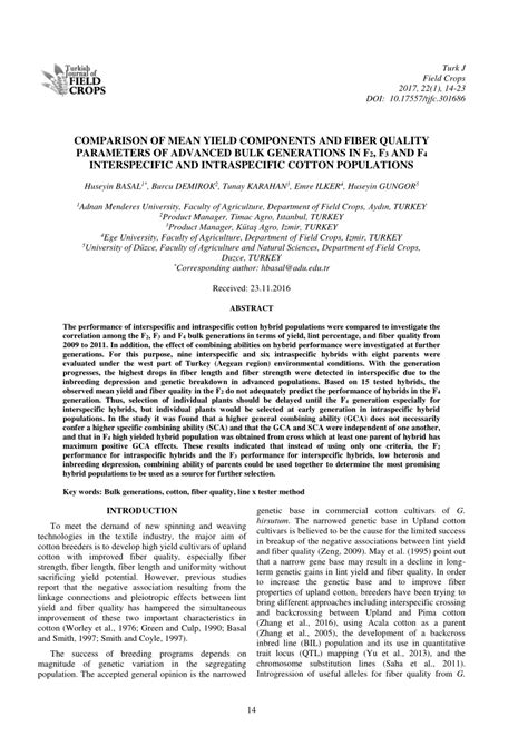 Pdf Comparison Of Mean Yield Components And Fiber Quality Parameters