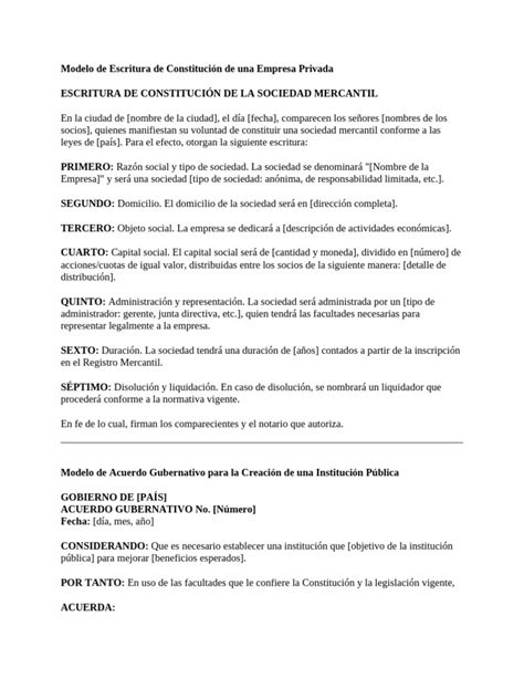 Modelo De Escritura De Constitución De Una Empresa Privada Pdf