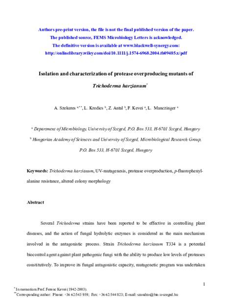 Doc Isolation And Characterization Of Protease Overproducing Mutants Of Trichoderma Harzianum