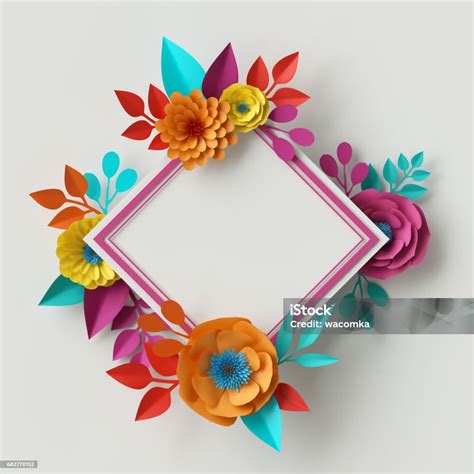 3d 렌더링 디지털 일러스트 레이 션 생생한 종이 꽃 사각형 꽃 프레임 휴일 카드 템플릿 흰색 배경에 고립 축제 화 환 생일 카드에 대한 스톡 사진 및 기타 이미지 Istock