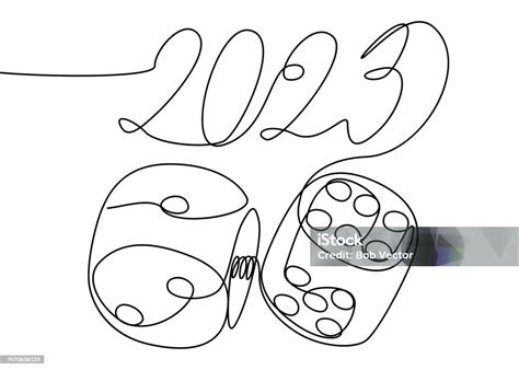숫자 2023이 있는 연속적인 주사위 한 줄 얇은 선 그림 벡터 개념입니다 윤곽 그리기 창의적인 아이디어 12월 31일에 대한