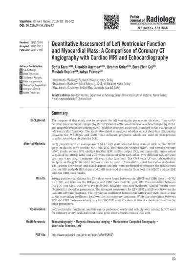 Quantitative Assessment Of Left Ventricular Function And Myocardial Mass A Comparison Of