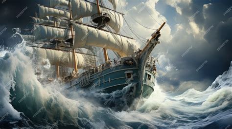 A Ship Sailing In The Storm On A Rough Sea With Huge Waves Trying To