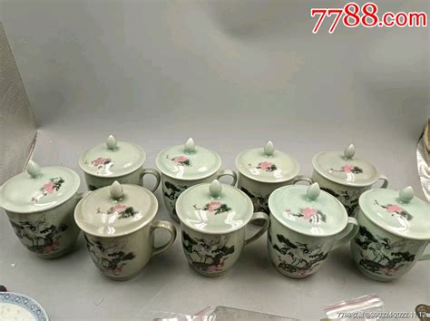 精美567龙泉青瓷松鹤延年杯9只一起旧瓷器老掌柜的店铺【7788商城】