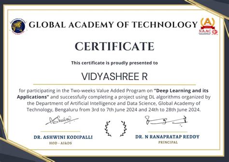 Completed Deep Learning And Its Applications Course Vidyashree R