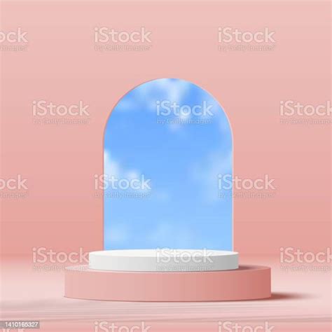 3d 핑크 연단과 최소한의 푸른 벽 장면 3d 연단 최소 구름 장면 벡터 0명에 대한 스톡 벡터 아트 및 기타 이미지 0명 3차원 형태 개체 그룹 Istock