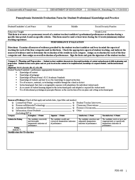 Pde Observation And Evaluation Form Pdf Teachers Educational