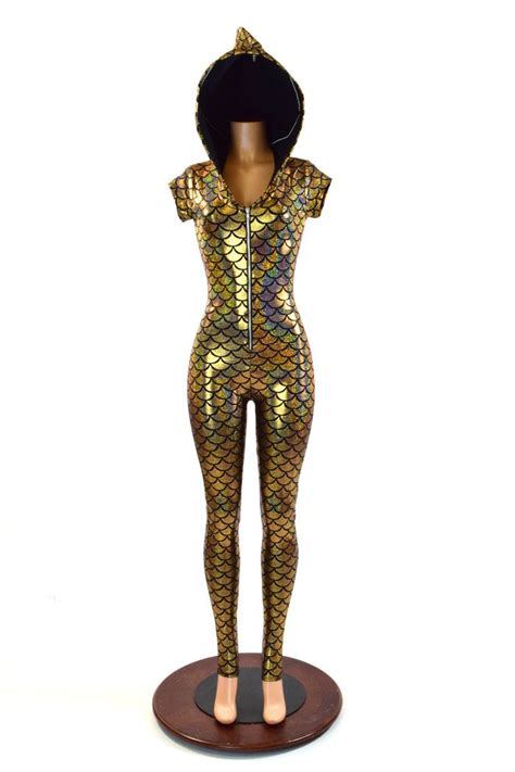 Gold Holographic Cat Suit Catsuit Bodysuit Gold Dragon Gold Caps
